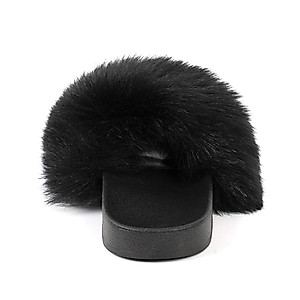 FUNKYMONKEY Women's Slides Faux Fur Cute Slip On Fuzzy Slippers Comfort Flat Sandals (10 M US, New Black)