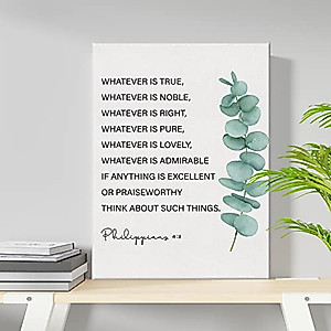Philippians 4:8 Whatever is True Bible Verse Canvas Wall Art Christian Office Home Decor Scripture Poster Picture Artwork 11.5"x15", Baptism Gift (Wooden Framed)