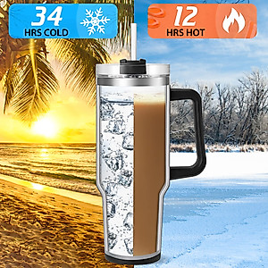 TaroKitc 40 oz Tumbler with Handle | Stainless Steel Insulated Travel Mug Iced Coffee Cup with Lids and Straw | Keeps Drinks Cold for 34 Hours | Dishwasher Safe, BPA Free | BLACK