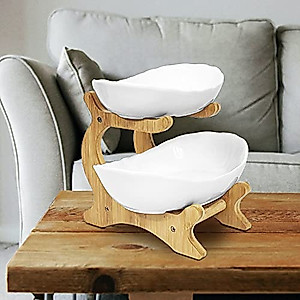 PROLEE 3 Tier/2 Tier Ceramic Fruit Bowl with Bamboo Wood Stand, Large Fruit Basket for Kitchen, Ceramic Serving Tray Set for Sushi, Dessert, Fruit,Cake, Candy (2 Tier)