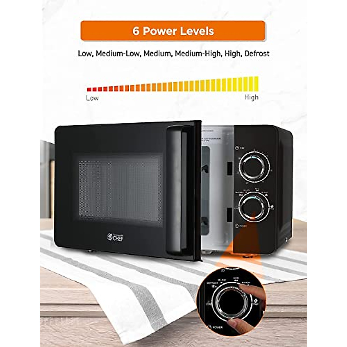 COMMERCIAL CHEF Small Microwave 0.7 Cu. Ft. Countertop Microwave with Mechanical Control, Black Microwave with 6 Power Levels, Outstanding Portable Microwave with Convenient Pull Handle