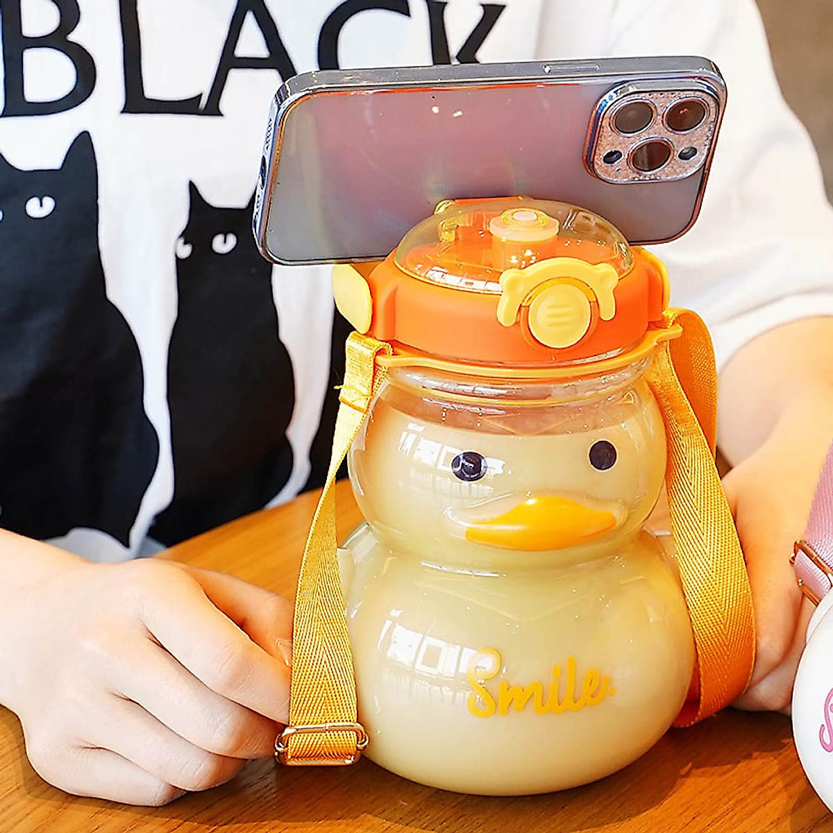 Large Cute Duck Water Bottle with Straw and Strap 34oz Kawaii Duck Water Bottle with 3D Stickers for Kids Toddler Girls School Sports Travel Leakproof Portable Handle Hot and Cold Bottles (Yellow)