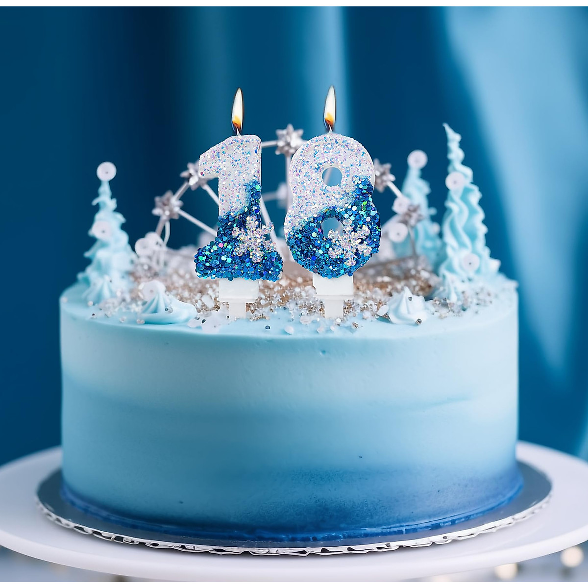 Blue Birthday Candles 3, Blue and White Glitter Birthday Number 3 Candles with Snowflake Party Supplies