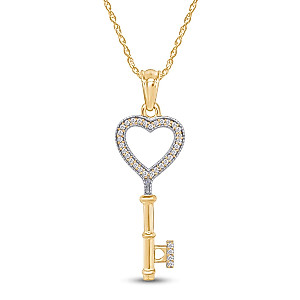 Jewel Zone US White Natural Diamond Accent Heart Key Pendant Necklace in 14K Solid Yellow Gold