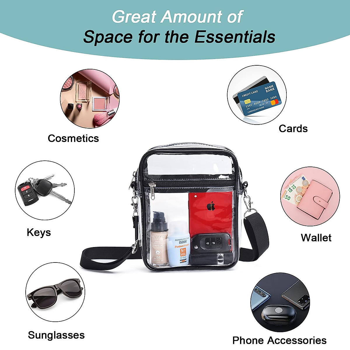 Bitjoy Clear Bag Stadium Approved Purse Transparent Plastic Crossbody Concert Bags for Women Men - See Through PVC Purse for Sports Events Amusement Park