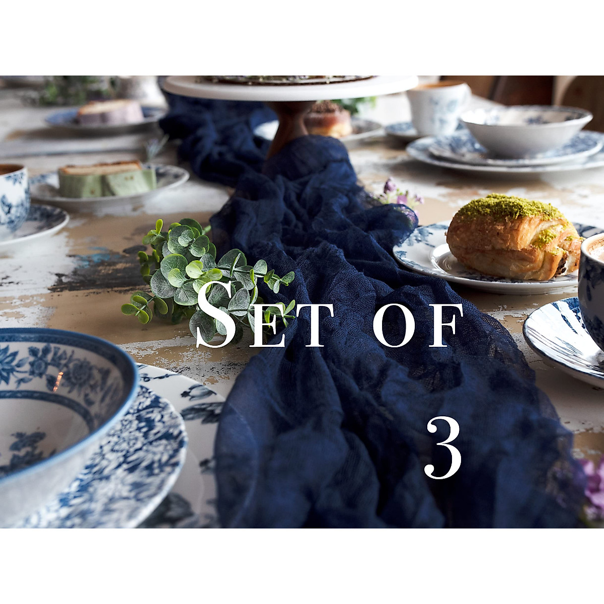 LS Designs Rustic Cotton Gauze Cheesecloth Table Runner 36 inch x 180 inches (3 ft x 15 ft) Open Edge, Non-seared, Wedding, Bridal Shower, Wedding Drapery, Table Runner (Navy Blue Set of 3)