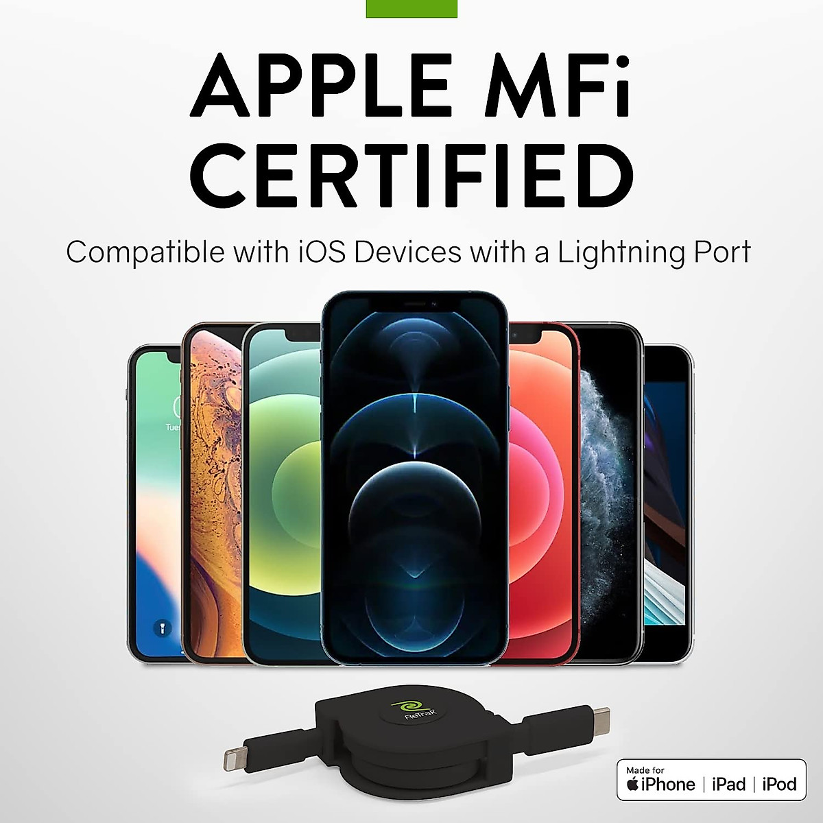 ReTrak Premier Series Retractable Lightning to USB-C Charge and Sync Cable, 18W High Speed Charging Lightning to Type C Charger for iPhone 13s, AirPods Pro, 2.6ft, Black, 2.6 Feet (ETLTCBLK)