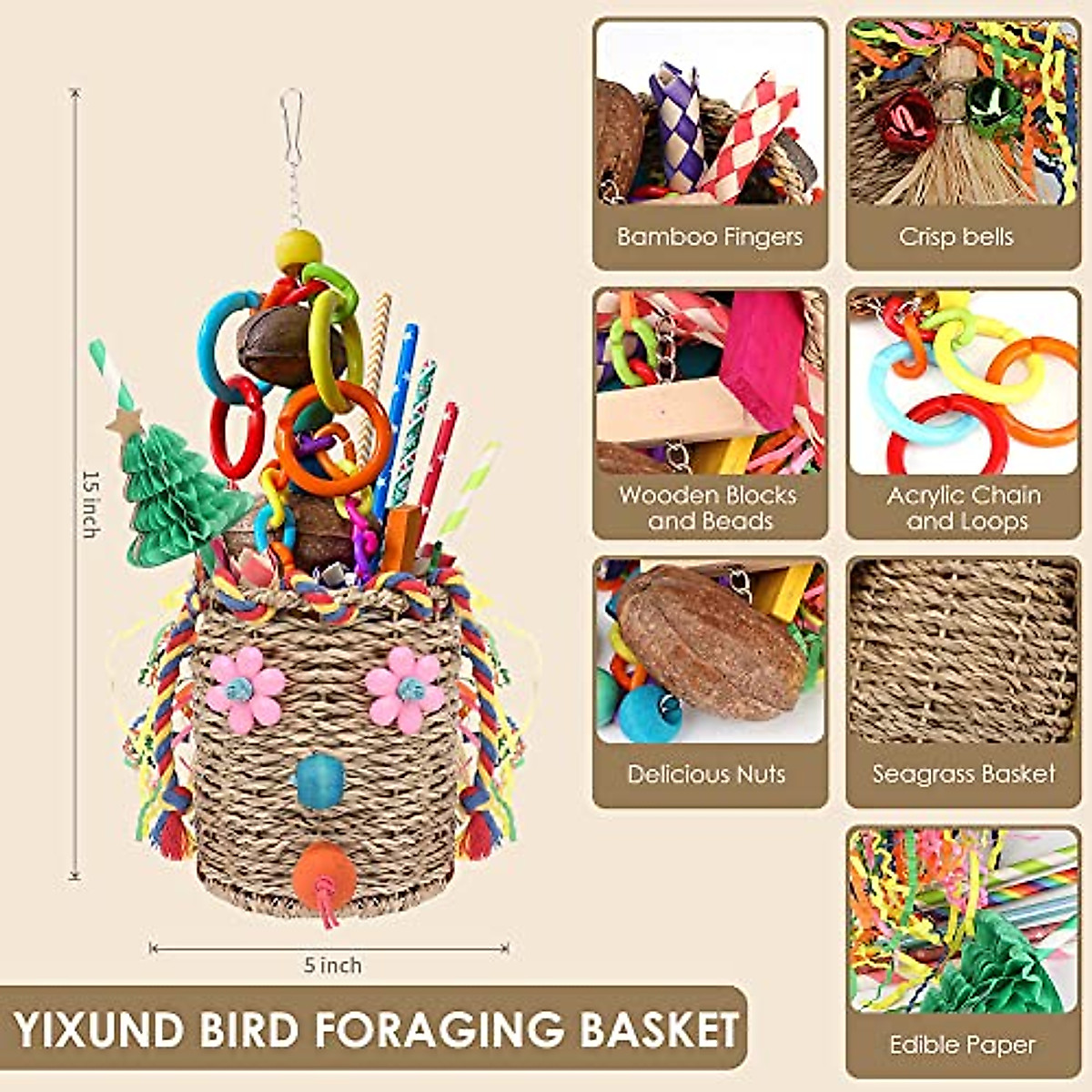 YIXUND Bird Toys,Seagrass Foraging Basket Bird Toy with Colorful Crinkly Paper Wooden Blocks Paper and Bamboo Fingers Nuts DIY Honeycomb Tree for Small Parrot Birds