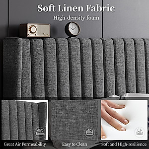 Yaheetech Queen Bed Frame Upholstered Platform Bed with Fabric Headboard, Wing Edge Design/Non-Slip and Noise-Free/Wooden Slats Support/No Box Spring Needed/Easy Assembly, Dark Gray Queen Bed