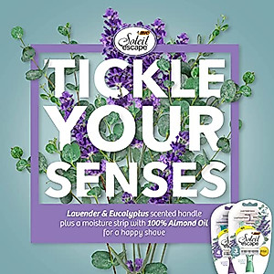 BIC Soleil Escape Women's Disposable Razors, 4 Blade Ladies Razors, Moisture Strip With 100% Natural Almond Oil, Lavender and Eucalyptus Scented Handles, 4 Pack