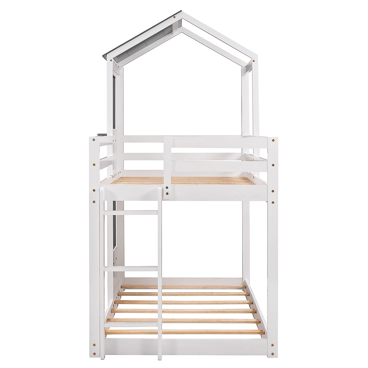 P PURLOVE Twin Over Twin Bunk Bed, Wood bunk Bed Frame with Ladder, Bunk Bed with Roof, Window and Guardrails, for Boy, Girls and Young Teens, White