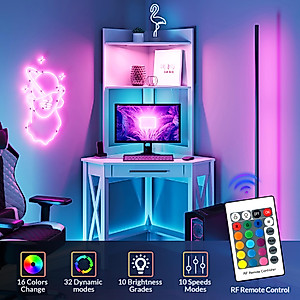 BELLEZE Corner Desk with Hutch, Compact Home Office Desk with Display Shelf and Drawer, Space Saving Writing Desk with Charge Outlets and LED Lights for Living Room, Bedroom - Tate (White)