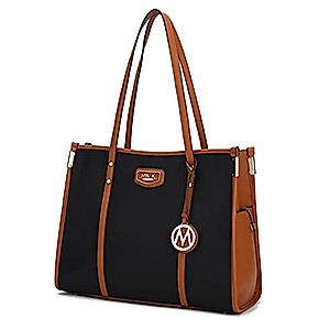 MKF Shoulder Bag for Women: PU Leather Satchel Handbag – Top Handle Tote Purse, Ladies Fashion Pocketbook Black-Cognac