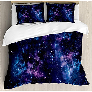 Ambesonne Space Duvet Cover Set, Mystical Sky with Star Clusters Cosmos Nebula Celestial Scenery Artwork, Decorative 3 Piece Bedding Set with 2 Pillow Shams, King Size, Blue