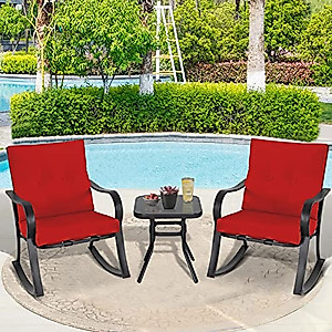 Omelaza 3 Pieces Outdoor Rocking Bistro Set, Patio Steel Furniture, Porch Chairs Conversation Set with Thickened Cushion and Glass Top Coffee Table (Red)