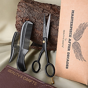 Beauty & Crafts- 5'' German Beard Mustache Scissor- 2 Mustache Combs For Facial Hair with Beautiful Pouch - Beard Trimming Scissors Use For Grooming, Cutting, And Styling Of Mustache (Black)