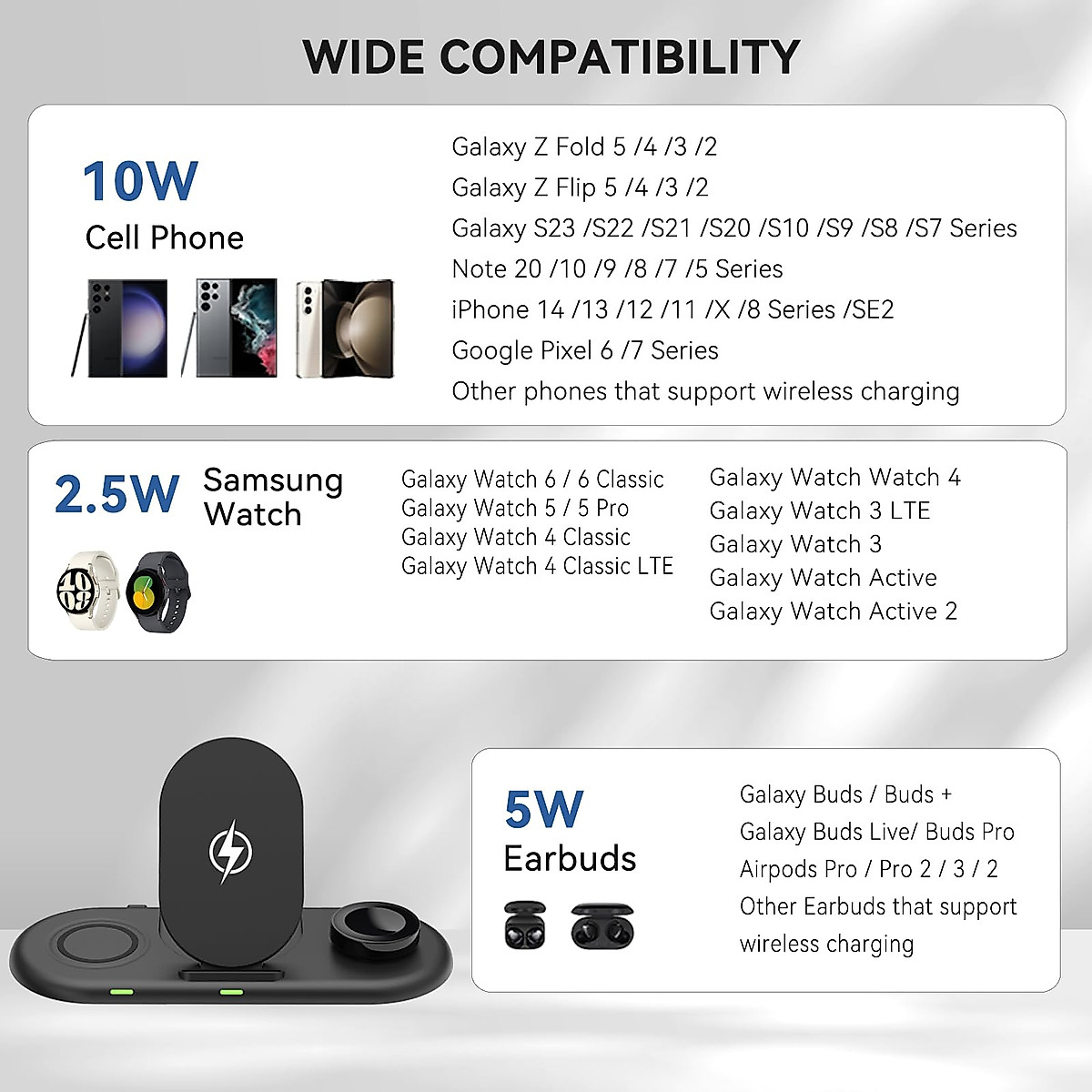 Wireless Charging Station 3 in 1, Fast Wireless Charger for Samsung Galaxy Watch 4, Active 2 Series and Galaxy Buds Series, Phone Charger Stand Dock Compatible with Samsung Galaxy S22 S20 Note(Black)