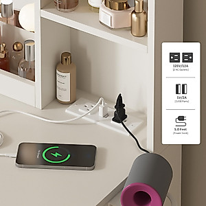 Vabches Makeup Vanity Table with Lighted Mirror & Power Strip, Large Vanity Set Vanity Desk with Lots Storage, 3 Lighting Modes, Brightness Adjustable, 45.2in(L)