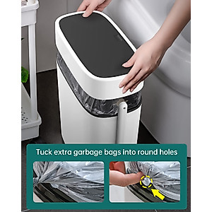 WOA WOA 3.7 Gallons Bathroom Trash Can with Toilet Brush Holder | 14 Liter White Plastic Garbage Can with Black Locking Press Top Lid | Dogproof Slim Rectangular Trash Bin for Toilet