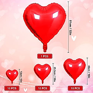 Songjum 31PCS Valentines Day Heart Foil Balloons Red Heart Foil Balloons with 32 Inch Large Red Heart Balloon for Valentines Day Romantic Decorations Engagement Wedding Anniversary Brithday Supplies