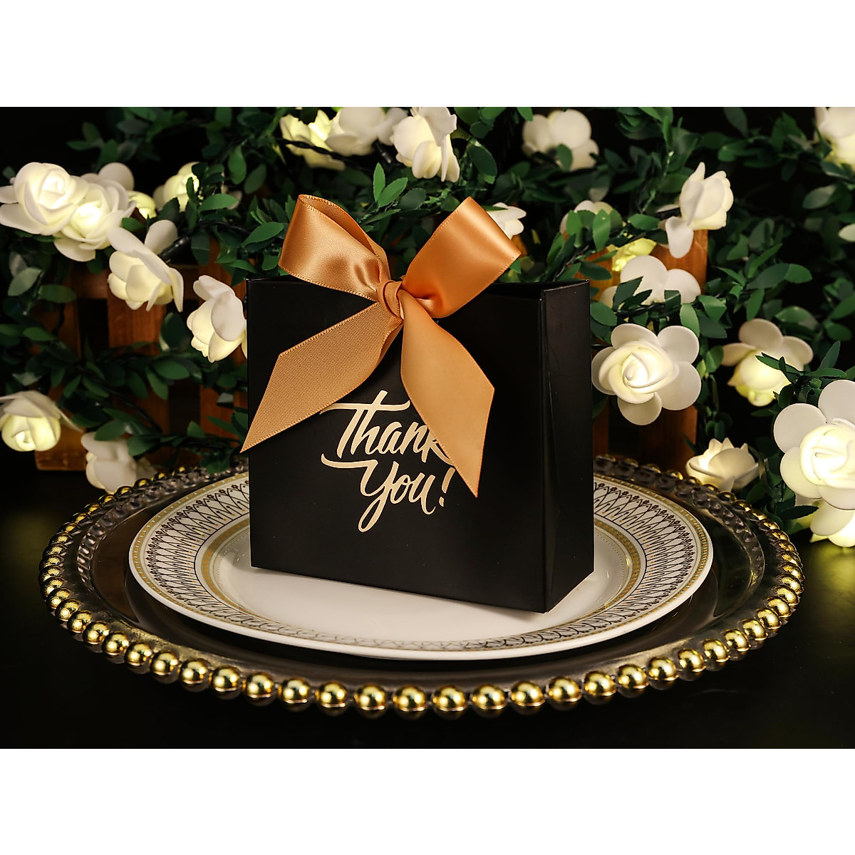 Yoption 50pcs Black Wedding Party Favor Boxes, Small Thank You Bags Party Candy Boxes Bags Chocolate Treat Gift Boxes with Ribbons for Wedding Baby Shower Bridal Business Party Decoration