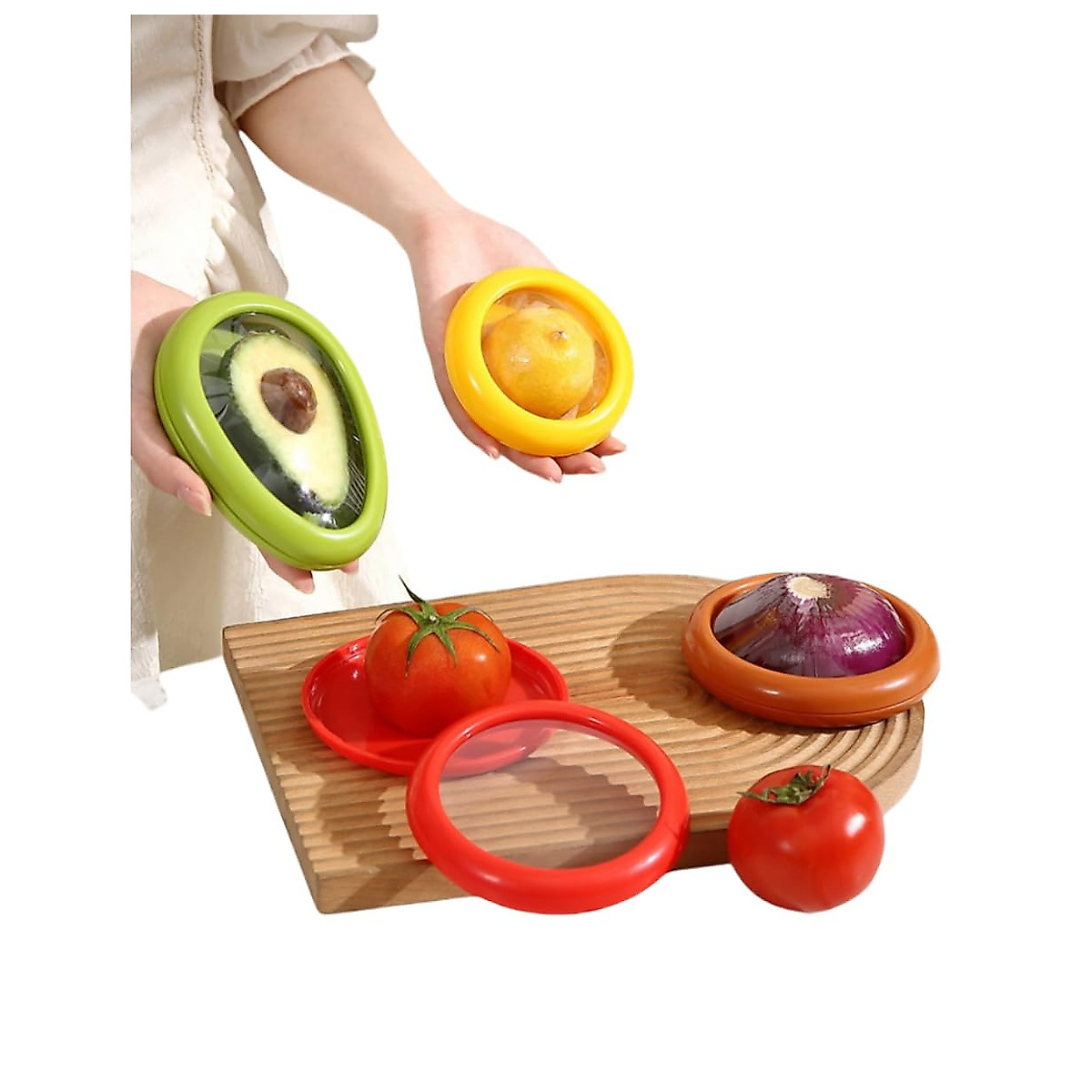 EDUFUNBO Set of 4 Reusable Storage Containers for Fridge, Avocado Saver and Tomato Holder, Ideal for Garlic, Onions, Lemons, Potatoes