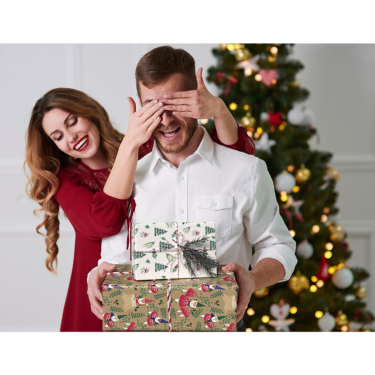 SaringSwoon Christmas Wrapping Paper for Kids, Adults - Winter Xmas Watercolor Gift Wrap With Gnome, Rustic House on Brown, Black, White - 43×29 Inches, 6 Folded Jumbo Sheets, Recyclable