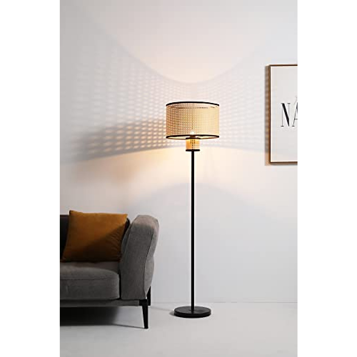 VidaLite Nakuv - Modern Bohemian Floor Lamp with 2 Tier PVC Rattan Shade and Velvet Stiched Rim for Foyer, Kitchen Living Room, Bedroom, Beige