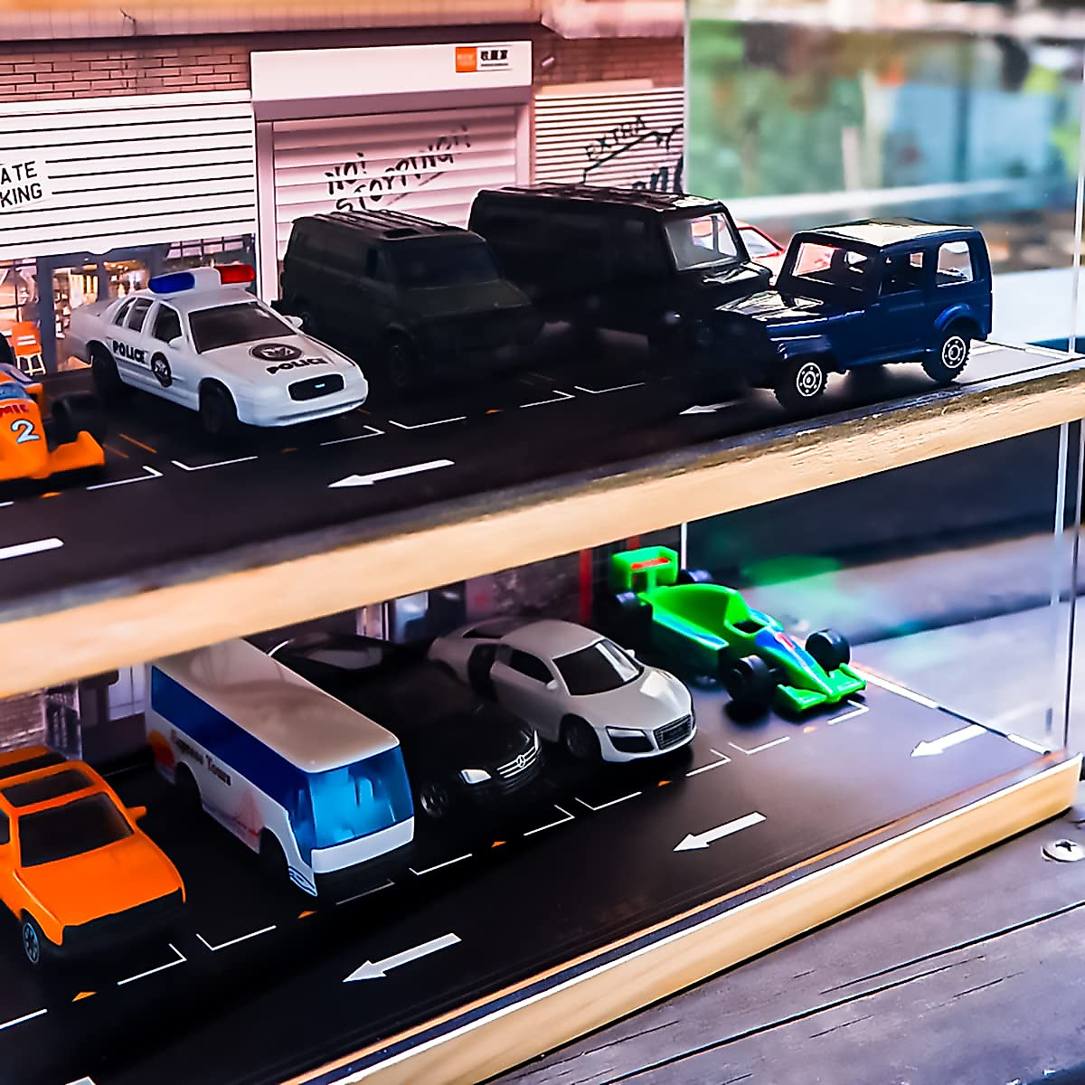 kivcmds 1:64 Scale 4-Tiers Vehicle Model Display Case for Sports Car and Lego Model Collectors, Display Stand for Alloy Car Model Toy with Parking Lot Scene (4-Tiers Auto Repair Store Scene)