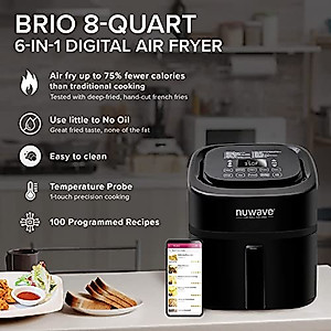 NUWAVE Brio 8-Qt Air Fryer, Powerful 1800W, Easy-to-Read Cool White Display, 50°-400°F Temp Controls, 100 Pre-Programmed Presets & 50 Memory Slots, Integrated Smart Thermometer, Linear T Technology
