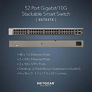 NETGEAR 52-Port Gigabit/10G Stackable Smart Switch (GS752TX) - 48x1G, Managed, with 2x10G Copper & 2x10G SFP+, Desktop or Rackmount, & Limited Protection (Renewed), Grey