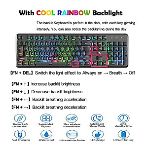 Wireless Rechargeable Backlit Keyboard and Mouse Combo,Soke-Six 2.4G Full-Size Mechanical Feel Gaming Keyboards with USB 2400DPl Mice,Adjustable Breathing Lamp,Anti-Ghosting (Black& Mix Light)