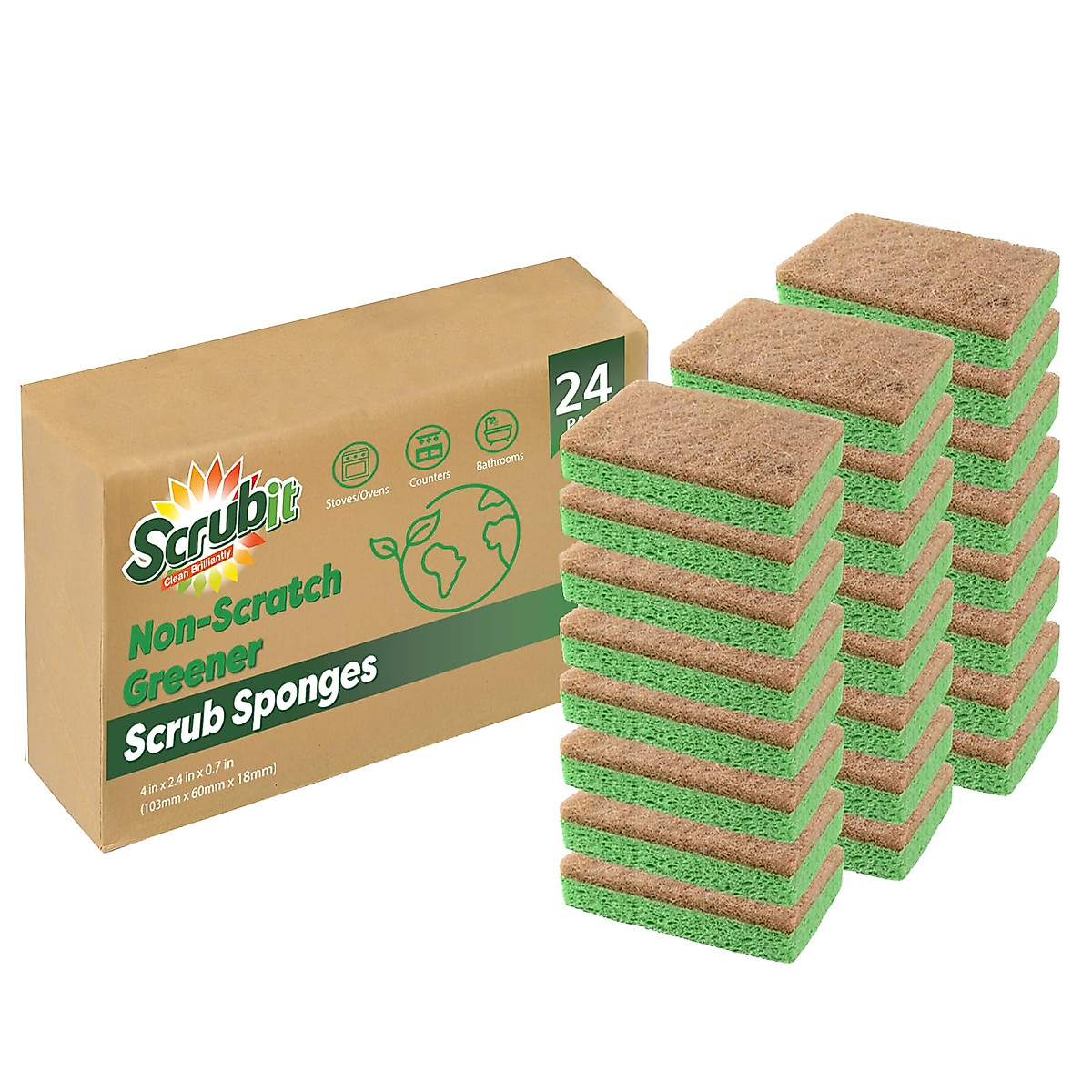 Natural Sponge by Scrubit - 24-Pack - Biodegradable Cellulose Natural Sponges for Dishes with a Tough Eco-Friendly Scouring Pad for Kitchen and Bathroom – Non-Stick Plant-Based Compostable Sponges