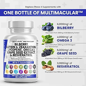 Eye Health Vitamins with Bilberry 6000mg Lutein & Zeaxanthin 40mg Lycopene 40mg Resveratrol 3000mg Grape Seed Extract 6000mg Omega 3 4000mg Astaxanthin - Eye Vitamin - 60 Capsules