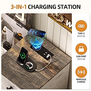 Gurexl 3-in-1 Vanity Desk with 3-Color Lights and Mirror,47.2" W Makeup Vanity Set with Charging Station,LED Compact Dresser-Vanity with 3 Drawers,2 Cabinets,Chair,Dressing Table for Bedroom