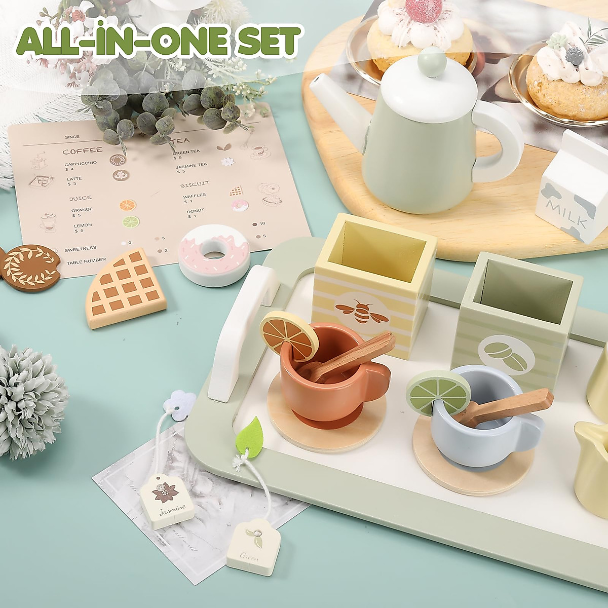 Wooden Tea Party Set for Little Girls, Play Tea Set for Kids Toddlers, Pretend Play Kitchen Toy Gift for 1 2 3 4 5 Years Old