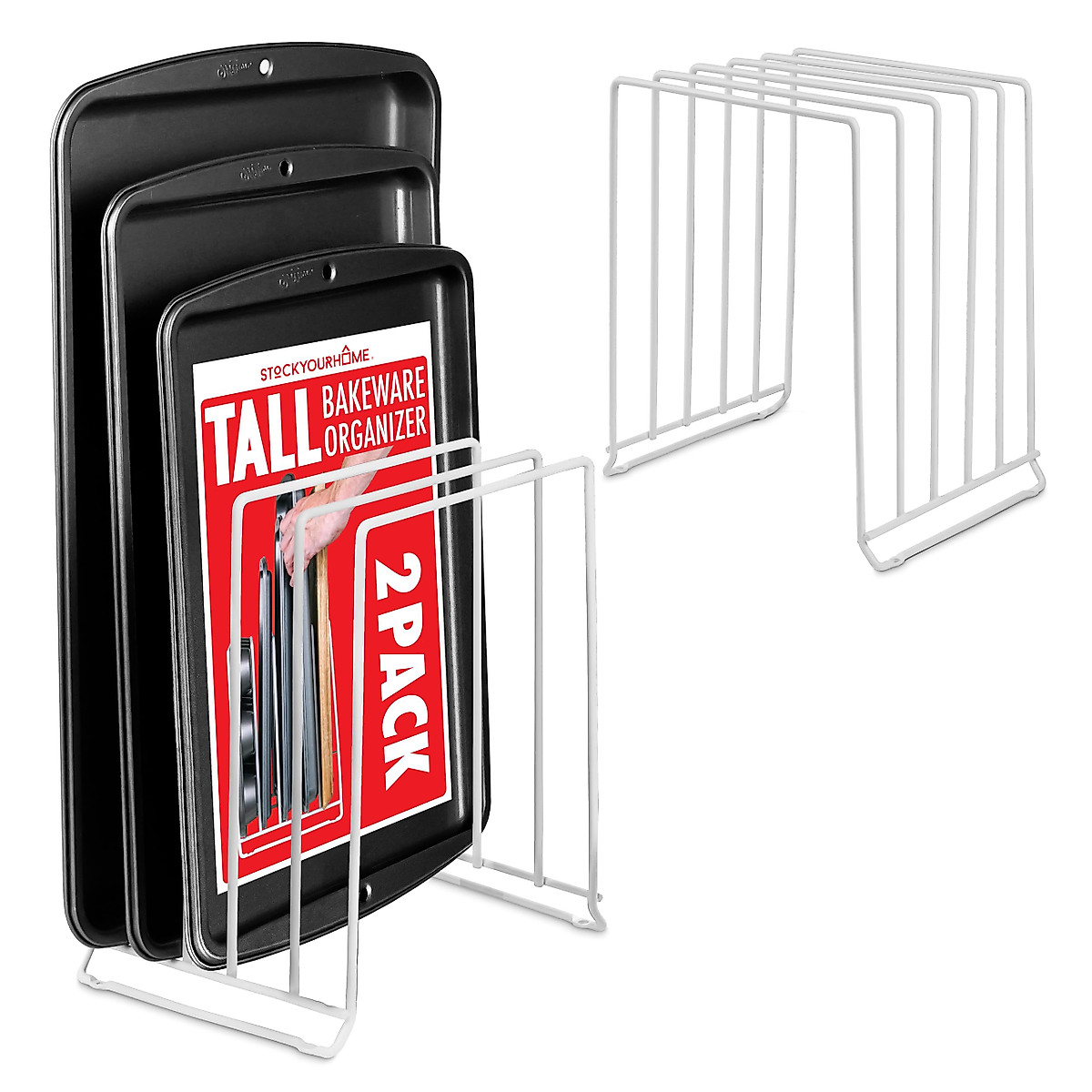 Stock Your Home White (2 Pack) Extra Tall Steel Baking Pan Organizer Rack for Cabinet Storage or Kitchen Counter, Cookie Baking Sheet Organizer with Dividers, Muffin Tin and Cutting Board Holder