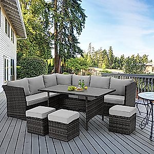 U-MAX 7 Pieces Outdoor Patio Furniture Set,Wicker Patio Furniture Set with Table and Chair, Outdoor Furniture Sets Clearance,Grey Rattan Outdoor Sectional with Grey Cushion