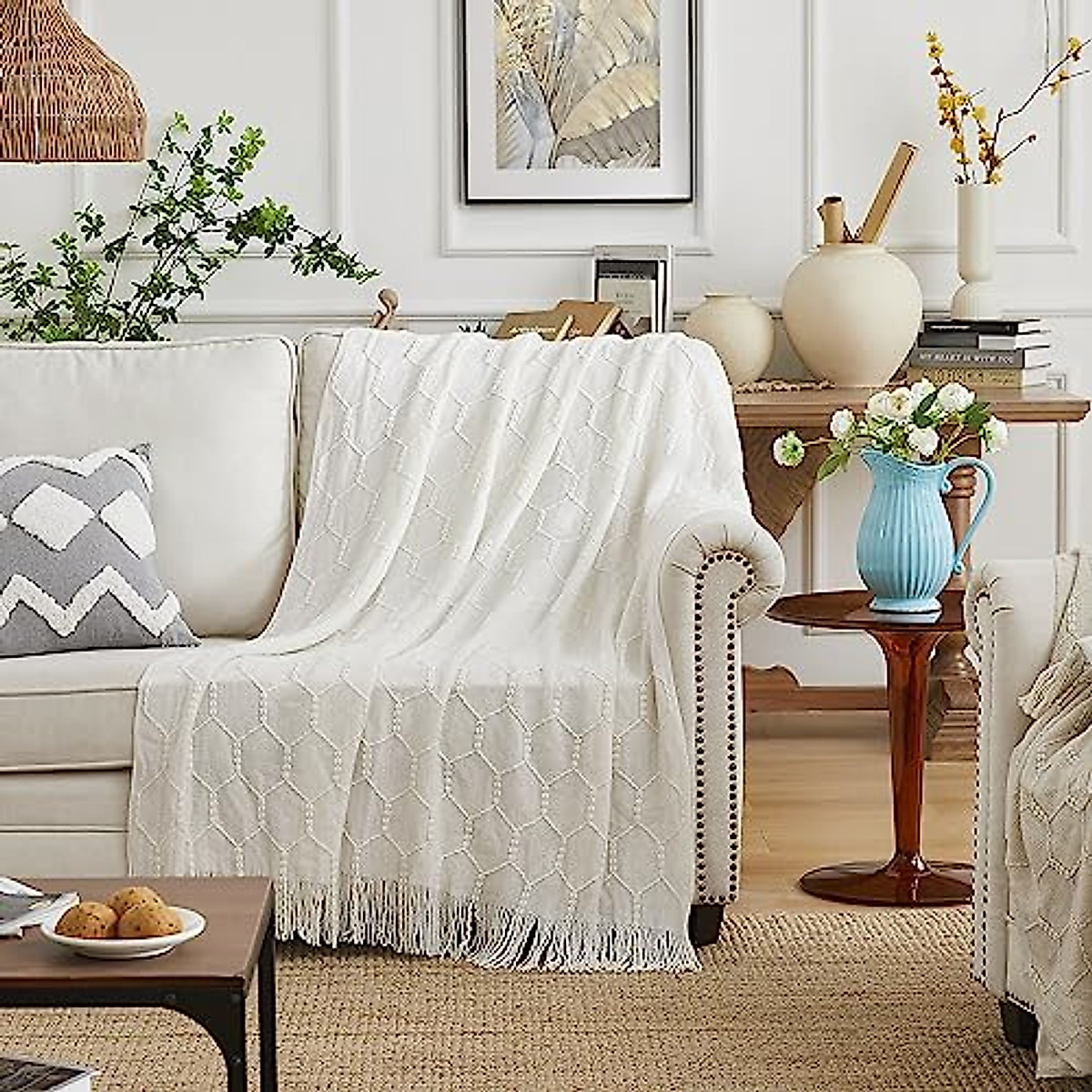 KASYLAN Diamond Knitted Throw Blanket Lightweight Soft Cozy for Bed or Sofa Farmhouse Outdoor Throw Blankets, Travel Blanket, Officeroom Blanket, 50" x 60", White