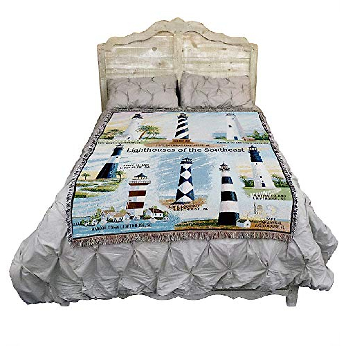 Lighthouses of the Southeast Blanket - Key West Cape Hatteras Sapelo Tybee Harbor Lookout Canaveral Hunting Island - Coastal Ocean Gift Tapestry Throw Woven from Cotton - Made in the USA (72x54)