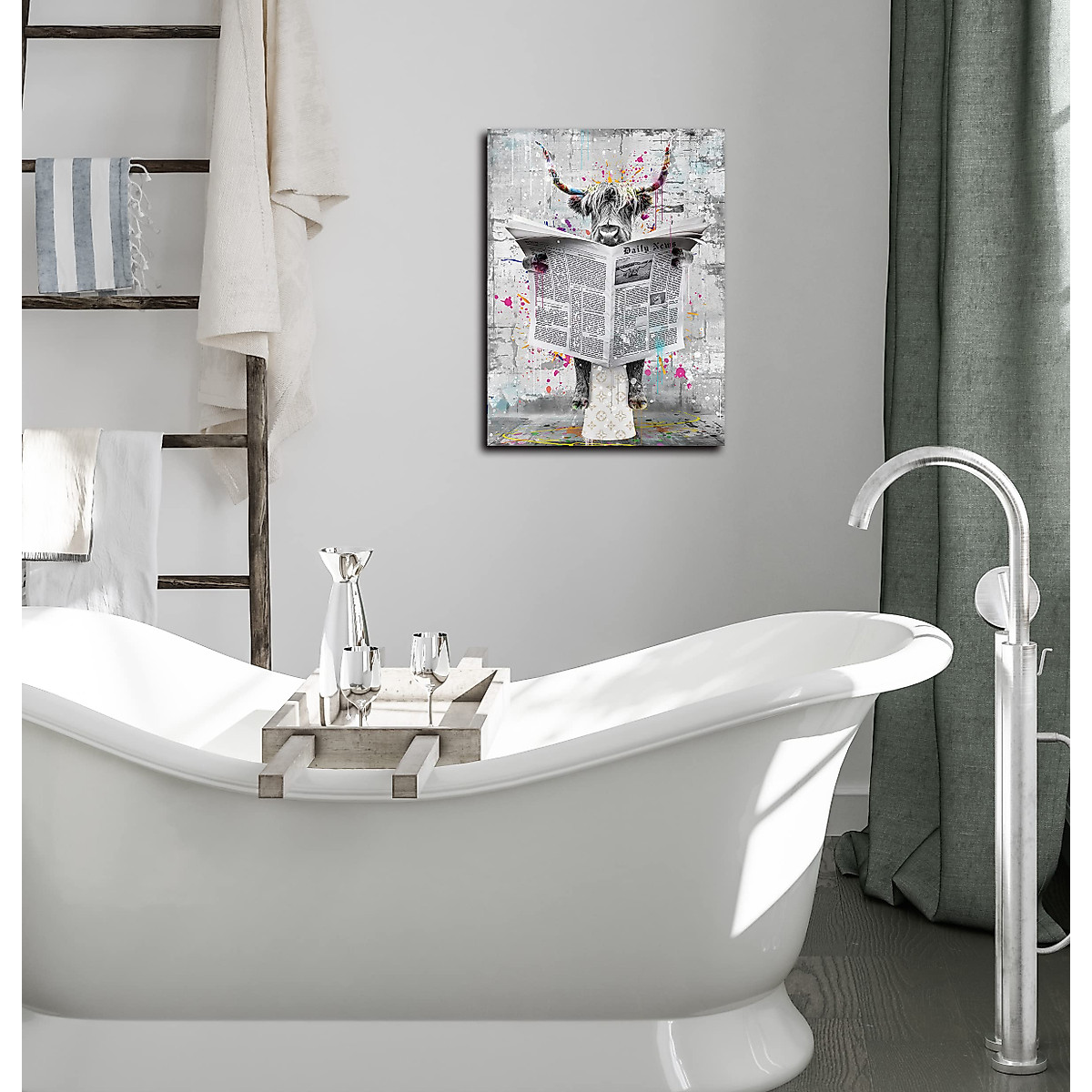 GUGIKA Highland Cow Canvas Wall Art for Bathroom, Funny Graffiti Bedroom Wall Decor, Black and White Painting for Living Room, Restroom Picture, 12x16 Inch