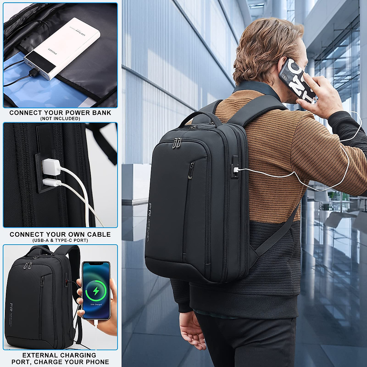 FENRUIEN Backpack for Men, Expandable 15.6 Inch with USB Port Men's Business Laptop Backpack, Bookbag Computer Backpack Water Resistant Weekender Carry On Casual Daypack for Work/College/Travel, Black