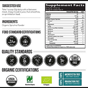 Organic Spirulina Powder - Made with Parry® Spirulina. The Best Spirulina in The World, Highest Nutrient Density - Non-Irradiated, 4 Organic Certifications, Vegan Farming Process (75 Servings - 8 oz.)