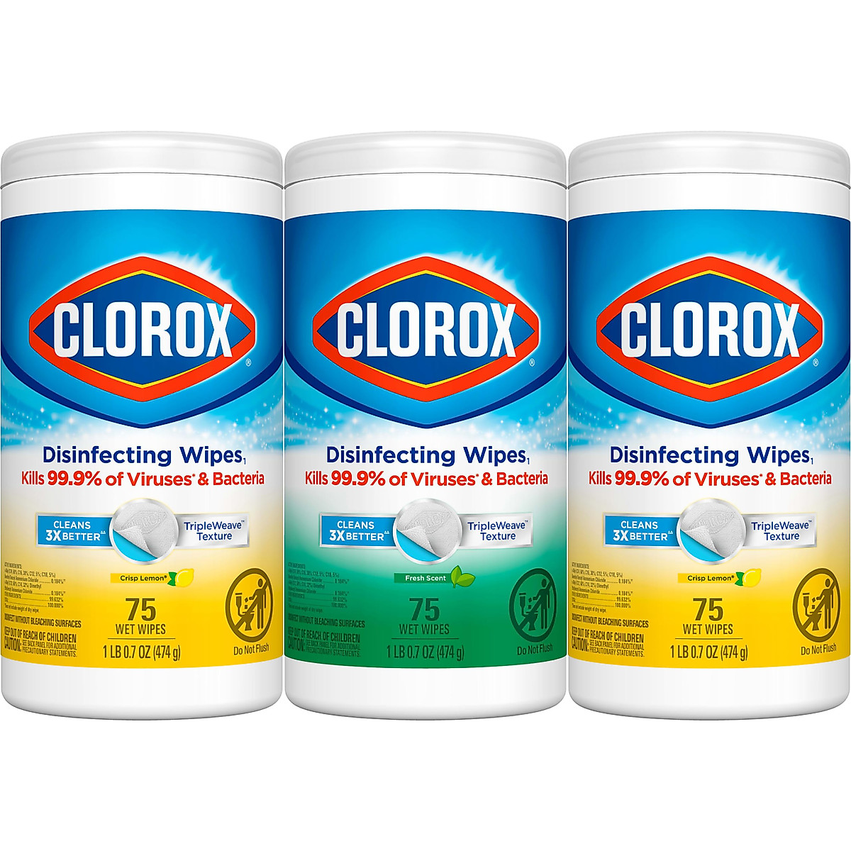 Clorox Disinfecting Wipes, Bleach Free Cleaning Wipes, Multi-surface Wipes, Fresh Scent & Crisp Lemon Value Pack, 75 Wipes (Pack of 3) - Packaging May Vary
