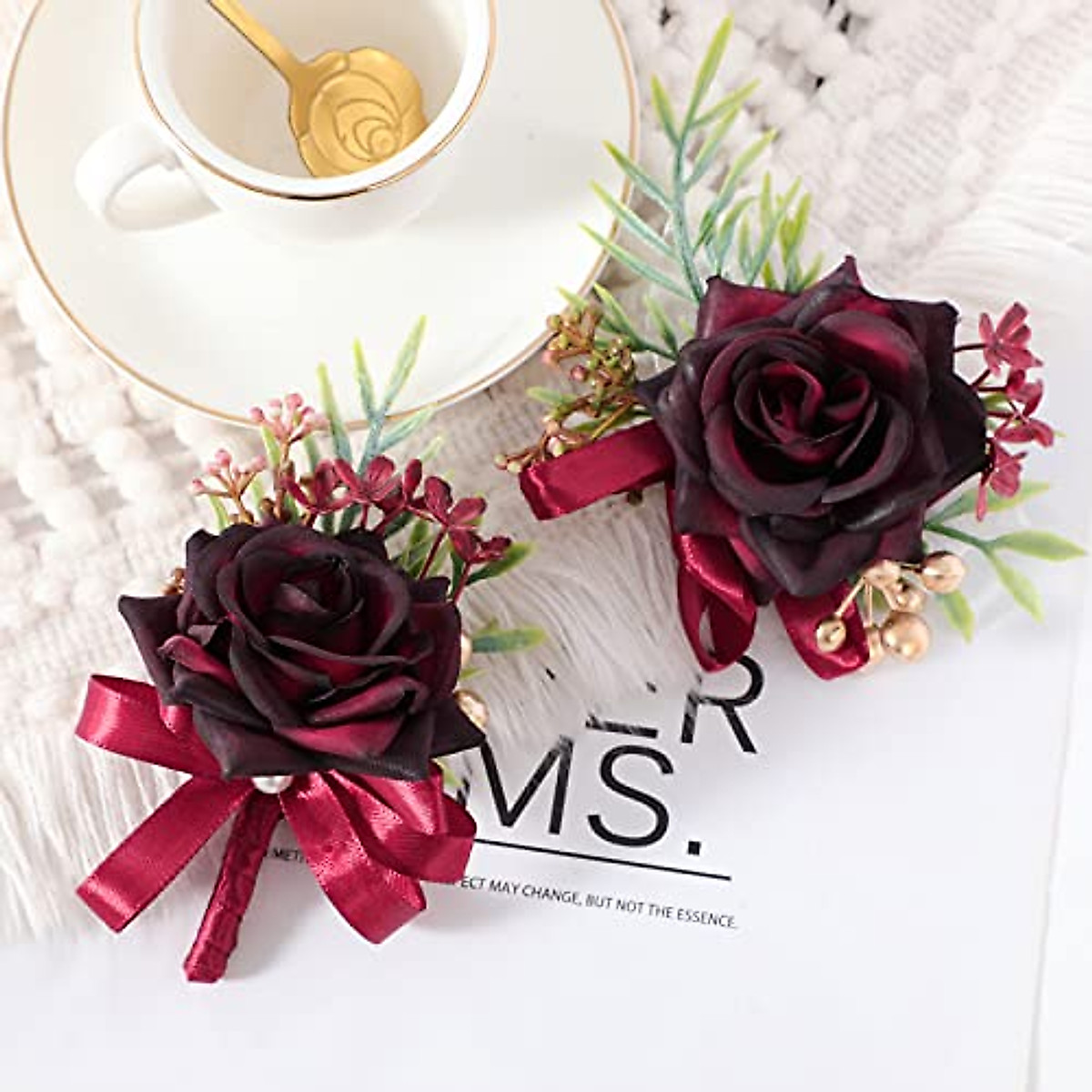 Spirit Up Art 2 Pack Burgundy Wrist Corsage and Boutonniere Set for Groom Bride Groomsmen Bridesmaids Artificial Rose Wristlet Flower Men Boutonnieres for Wedding Party Prom Suit Decorations