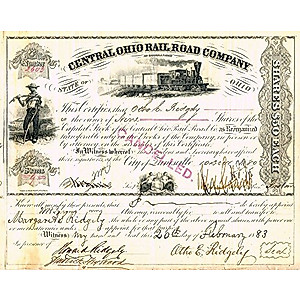 1877 RARE ORIGINAL CENTRAL OHIO RAILROAD (ZANESVILLE) STOCK CERTIFICATE w MULTIPLE SIGNATURES Various Share Amounts Extremely Fine