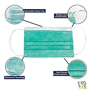 DermSource MADE IN USA - Kids 3-Layer Disposable Face Masks - Breathable Face Covering for Boys and Girls (25 Kids Masks - Green)