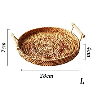 WOSHI 11.02in Rattan Storage Tray Round Basket Wicker Basket Storage Tray with Handle 3 Size Fruit Food Round Basket Display Hand-Woven Rattan Tray (L)