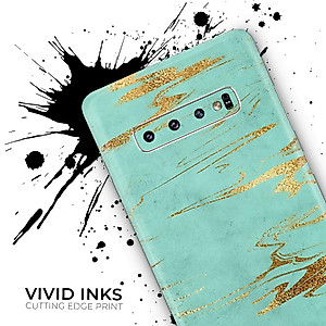 DesignSkinz Mint Marble & Digital Gold Foil V2 Protective Vinyl Decal Wrap Skin Cover Compatible with The Samsung Galaxy S20 (Screen Trim & Back Glass Skin)