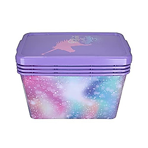 SIMPLYKLEEN 14.5-gal. Plastic Storage Containers with Rainbow Unicorn Print Lids, Reusable Stacking StorageChest for Girls, (4 Pack) Made in the USA